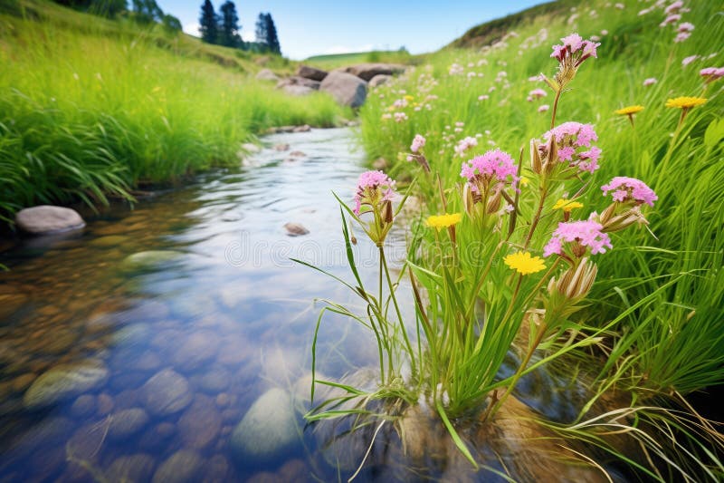 Crystal Clear Stream Winding through a Wildflower Valley Stock Image ...