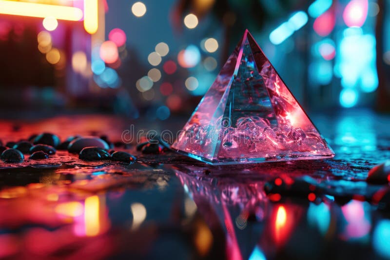 A Crystal Clear Triangle Red Prism on Wet Floor and Reflect Everything ...