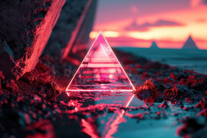A Crystal Clear Triangle Red Prism on Wet Floor and Reflect Everything ...