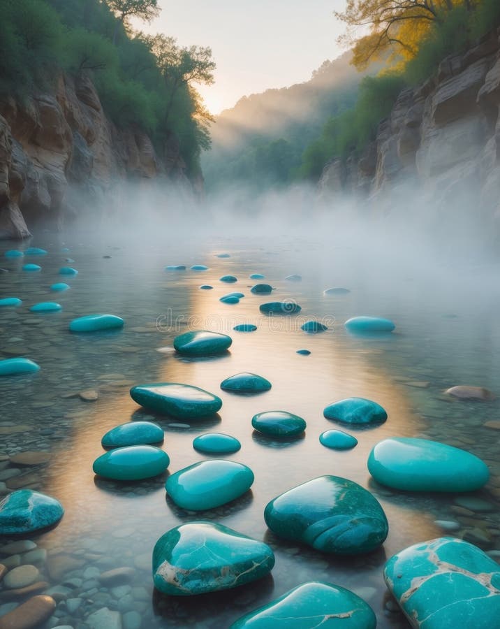 Crystal Clear Turquoise Stones Shimmer in a Misty Canyon River at Dawn ...