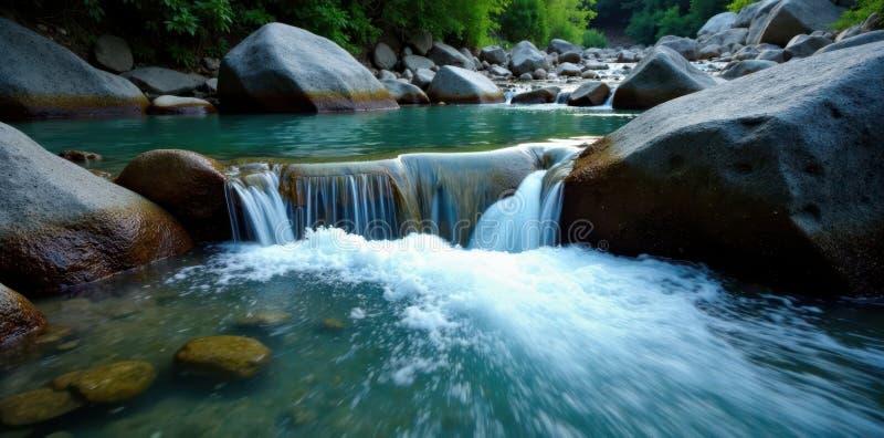 Crystal Clear Water Cascades Over Smooth, Grey River Rocks , Flowing ...