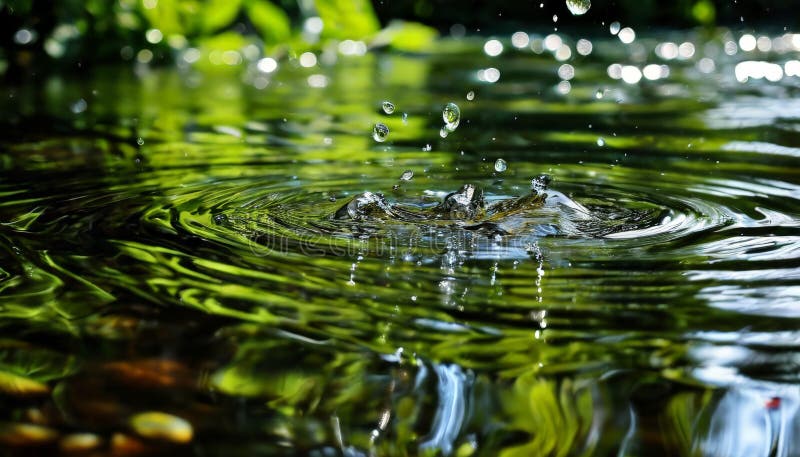 Water Droplets Splashing on a Calm Pond with Green Reflections Stock ...