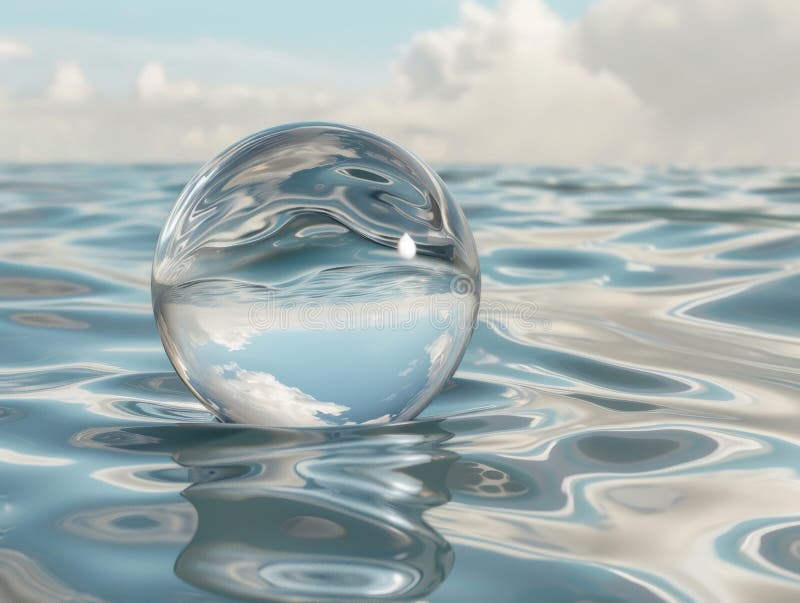 Crystal Clear Water Sphere Reflecting the Sky on a Calm Water Surface ...