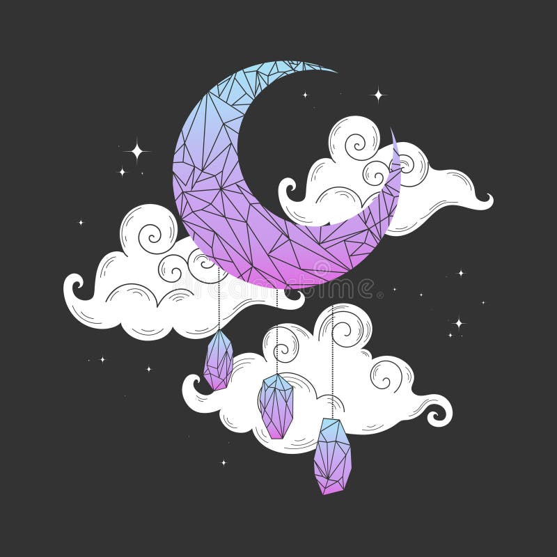 Crystal Crescent Moon in Dark Sky with Swirl Clouds. Crescent Moon ...