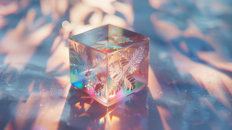 Crystal Cube with Intricate Leaf Patterns Bathed in Warm Light Stock ...