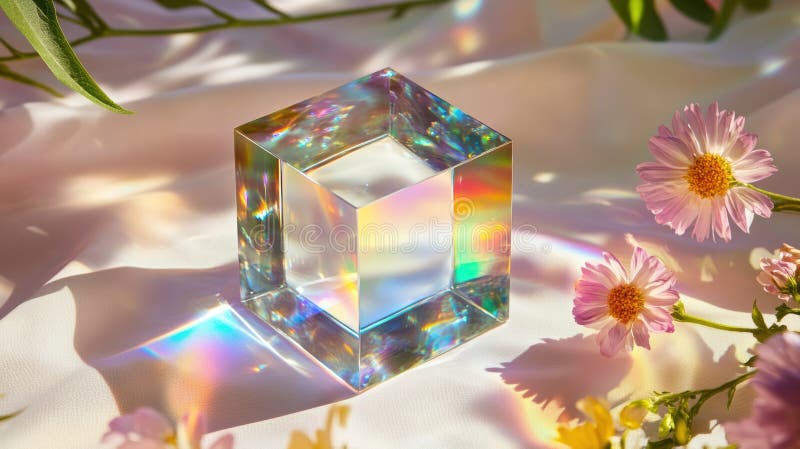 A Crystal Cube Reflects Vibrant Rainbow Light, Creating a Mesmerizing ...