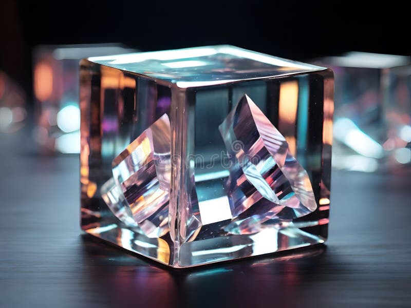 Crystal Cube on Wooden Table. Generative AI Stock Illustration ...
