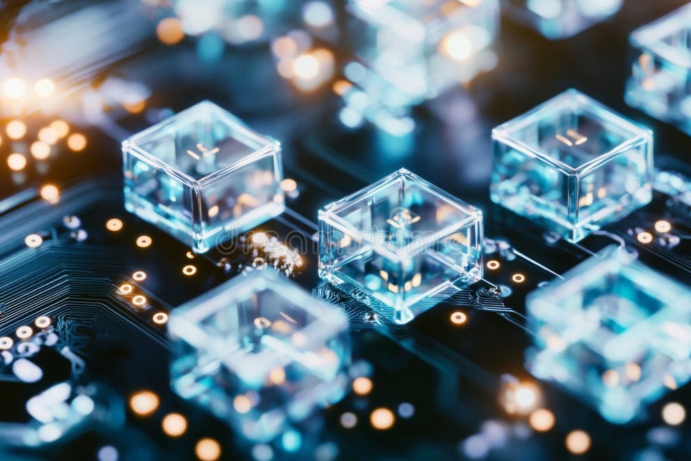 Crystal Cubes on Electronic Circuit Board Showcasing Digital Technology ...