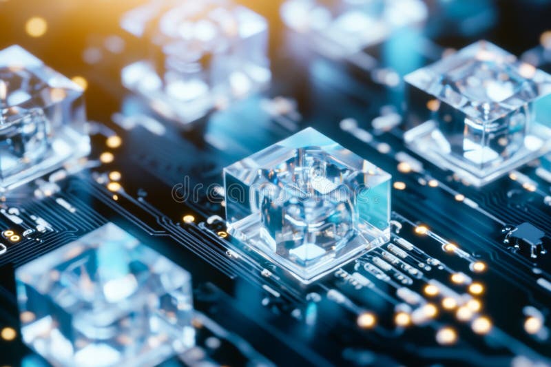 Crystal Cubes on Electronic Circuit Board Showcasing Digital Technology ...