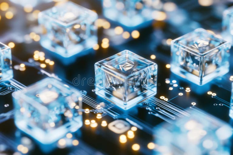 Crystal Cubes on Electronic Circuit Board Showcasing Digital Technology ...