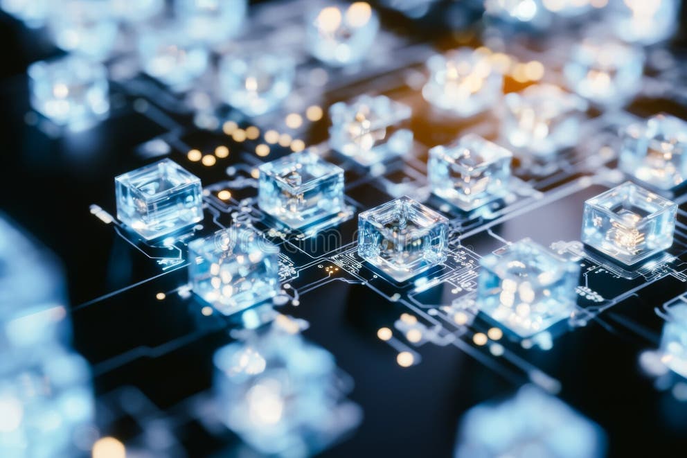 Crystal Cubes on Electronic Circuit Board Showcasing Digital Technology ...