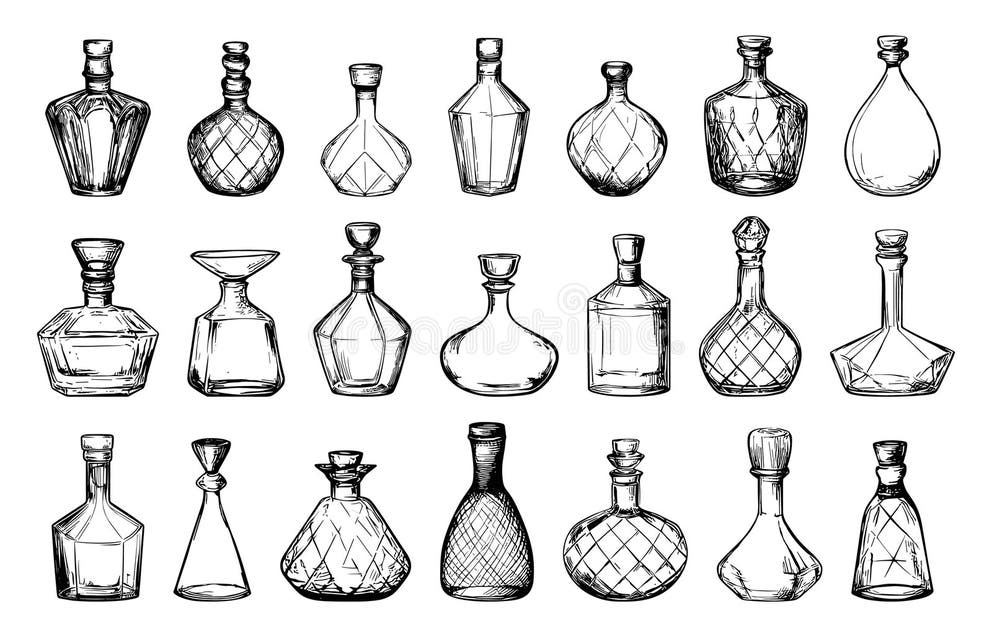 Crystal Decanters Engraving Print Style Vector Illustrations Unique ...