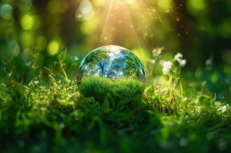 Crystal Earth on Green Grass Forest with Sunlight. Save the World ...