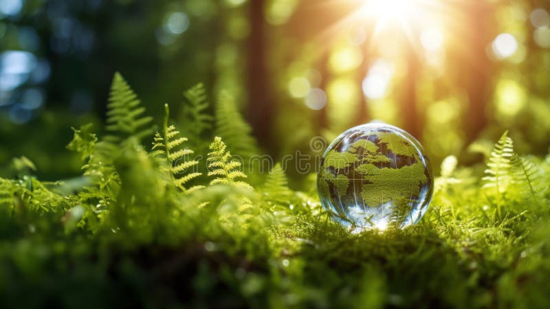 Crystal Earth on Green Grass Forest with Sunlight. Save the World ...