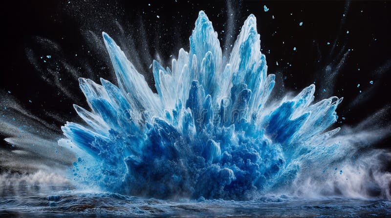 Blue Crystal Explosion Rising from Water Surface with Black Background ...
