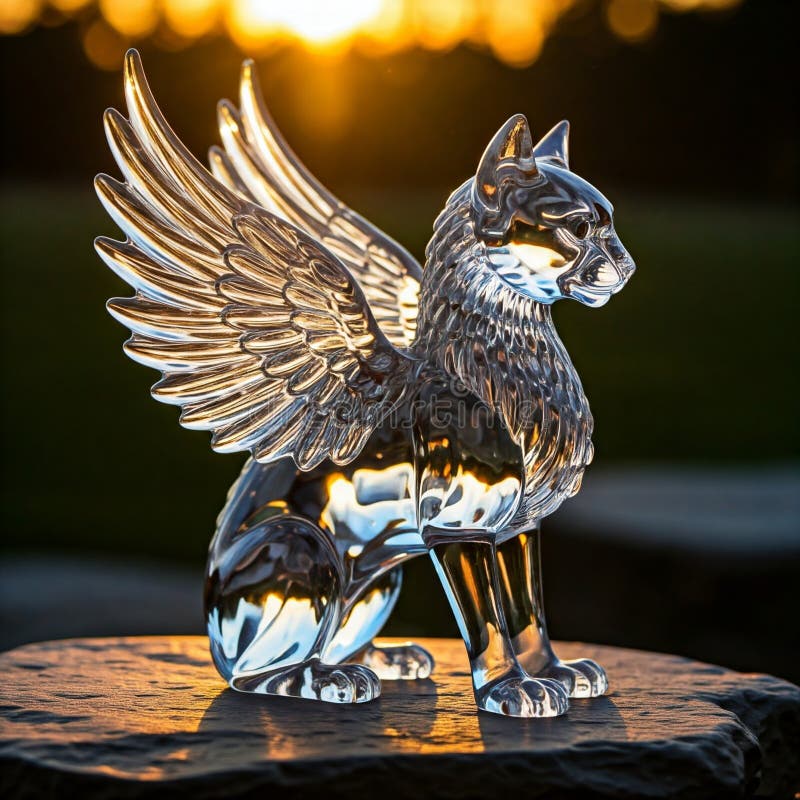 Crystal Figurine of a Winged Cat Placed on a Stone Surface at Sunset ...
