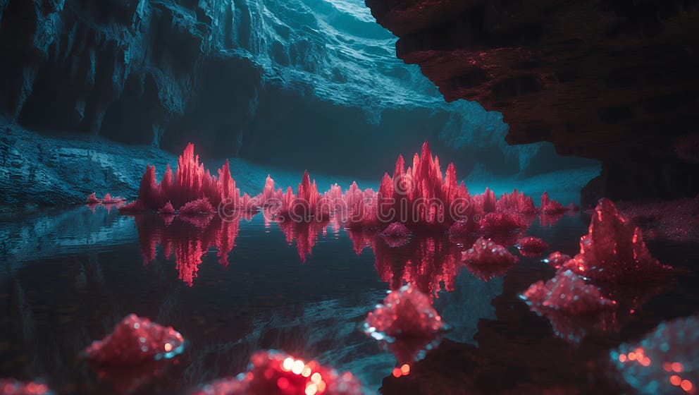 Surreal Underwater Cave with Red Crystal Formations Reflecting in Dark ...
