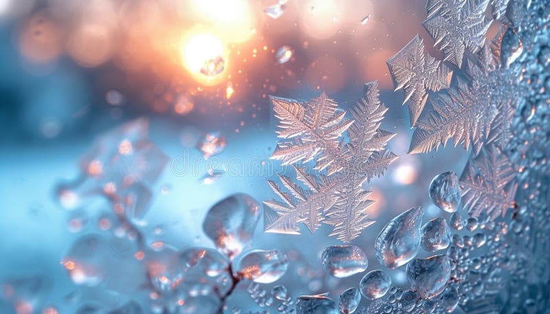 Crystal Frost Patterns on a Windowpane with a Warm Sunrise Glow in the ...