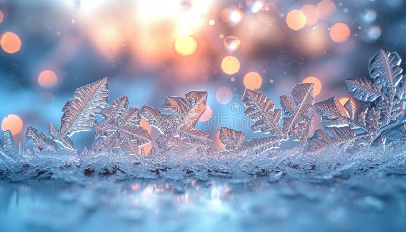 Crystal Frost Patterns on a Windowpane with a Warm Sunrise Glow in the ...