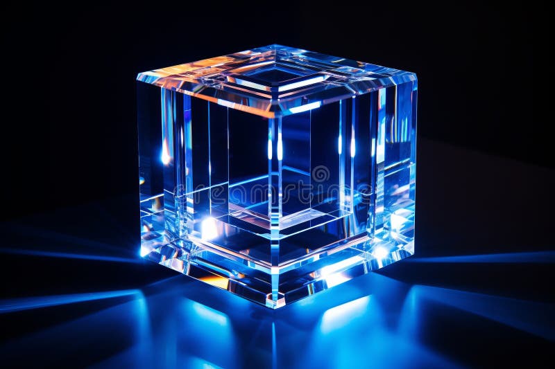 Crystal Glass Cube with Refraction and Holograph Stock Photo - Image of ...