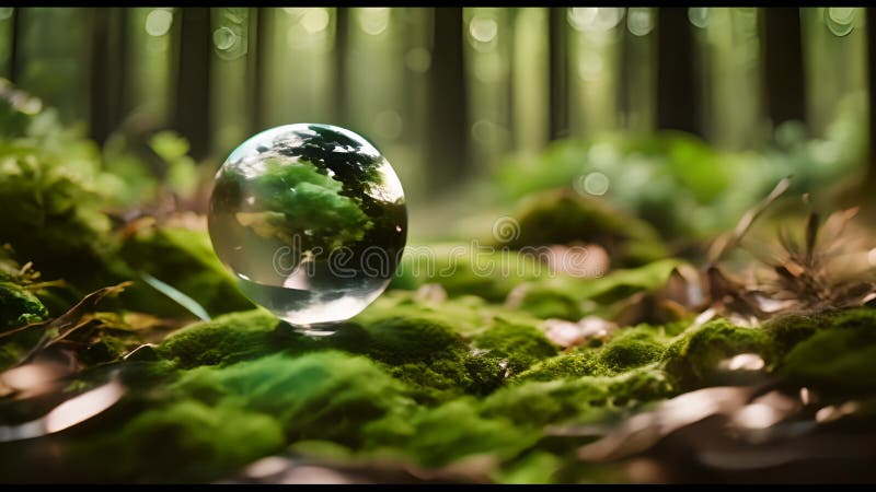 Crystal Globe Reflecting the Earth in a Lush Forest Environment Stock ...