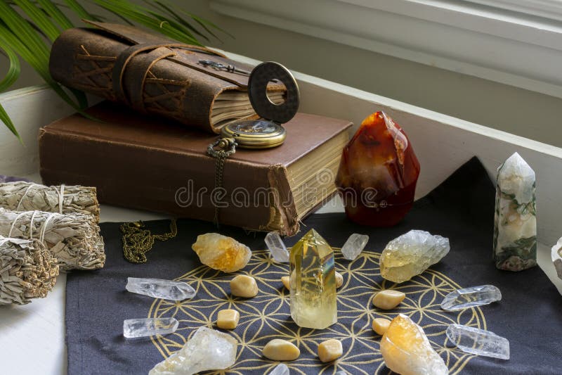 Crystal Healing Grid with Citrine Tower and White Sage Stock Image ...