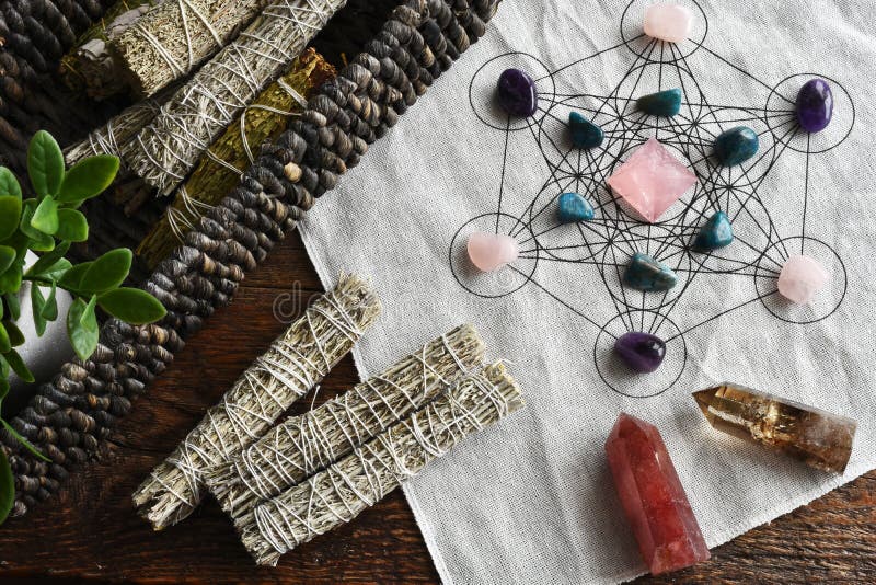 Crystal Healing Grid and Smudge Bundles Stock Image - Image of ...