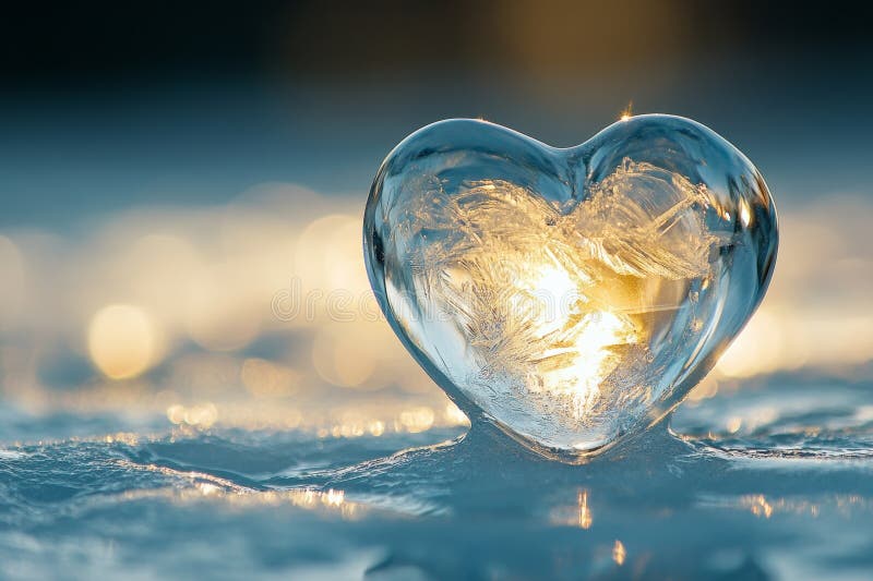 A Crystal Heart Shines on a Dark Surface, Surrounded by a Warm-toned ...