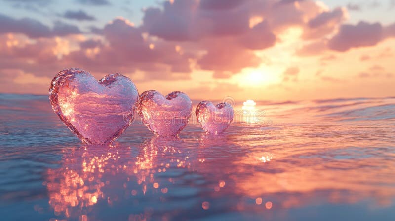 Crystal Hearts Floating on a Sunset Ocean - Generative Ai Stock ...