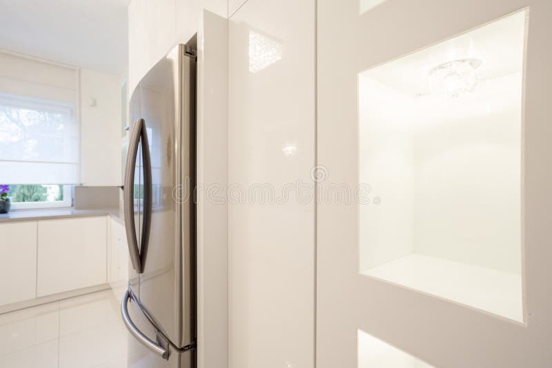 Crystal Kitchen with Silver Fridge Stock Image - Image of interior ...