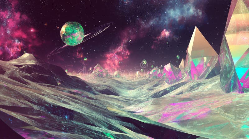 Crystal Mountains and Planets in a Starry Night Sky Stock Illustration ...