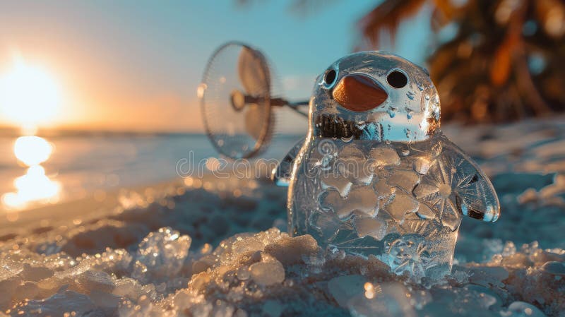 Crystal Penguin Sculpture on a Beach at Sunset with Ocean in Background ...
