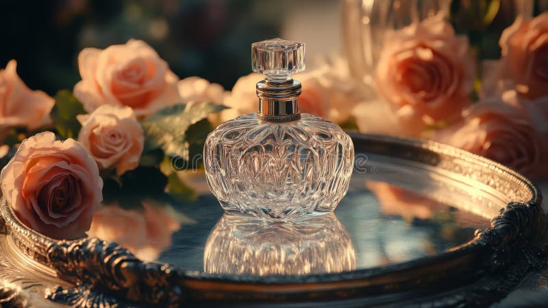 Crystal Perfume Bottle Amidst Peach Roses on Ornate Tray Stock ...