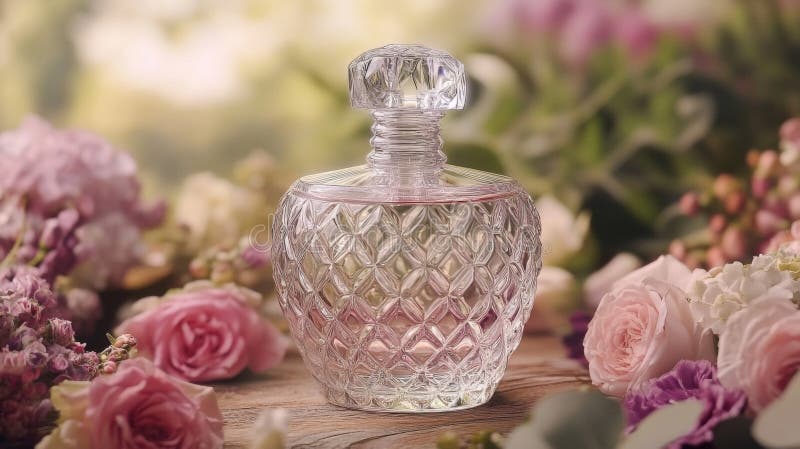 Crystal Perfume Bottle among Pink Roses Stock Illustration ...