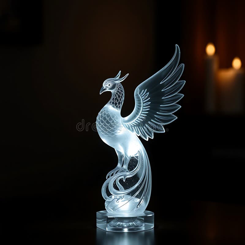 A Crystal Phoenix Figurine Glowing Softly in a Dark Room Stock ...