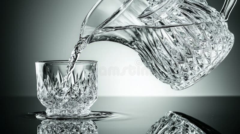 Crystal Pitcher Pouring Water into a Glass on a Reflective Surface ...