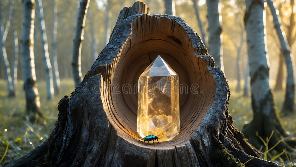 Golden Citrine Crystal Point in Forest Stump with Jewel Beetle Stock ...