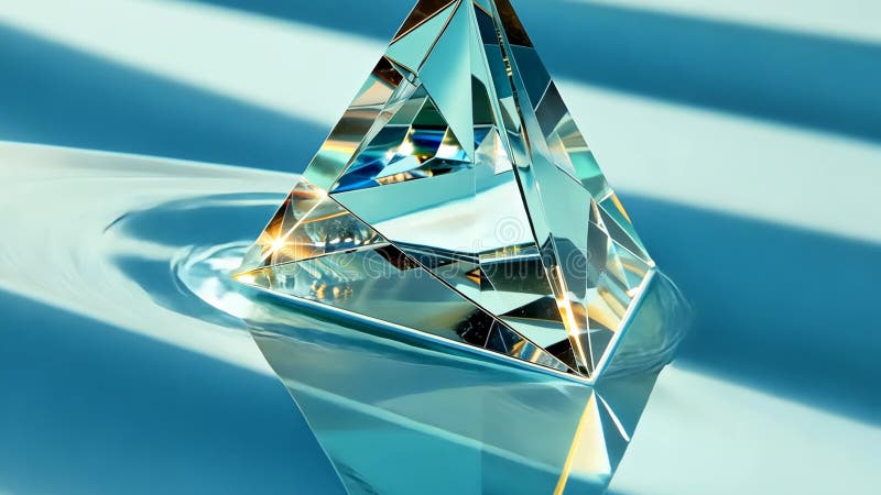 A Crystal Pyramid Rests on a Smooth Surface, Reflecting Vibrant Colors ...