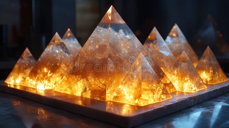 Glowing Crystal Pyramids Illuminated on a Dark Surface Creating a ...