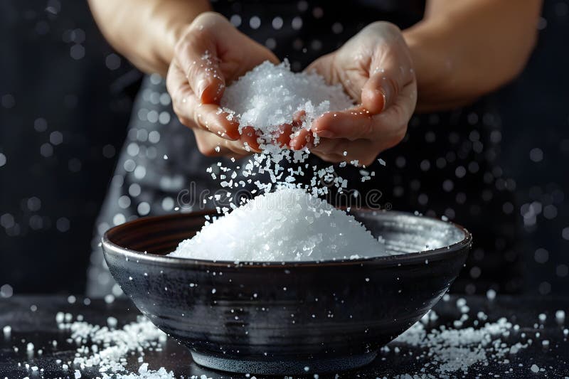 Crystal Salt, Hands Pouring Sparkling Grains into a Dark Bowl, Creating ...