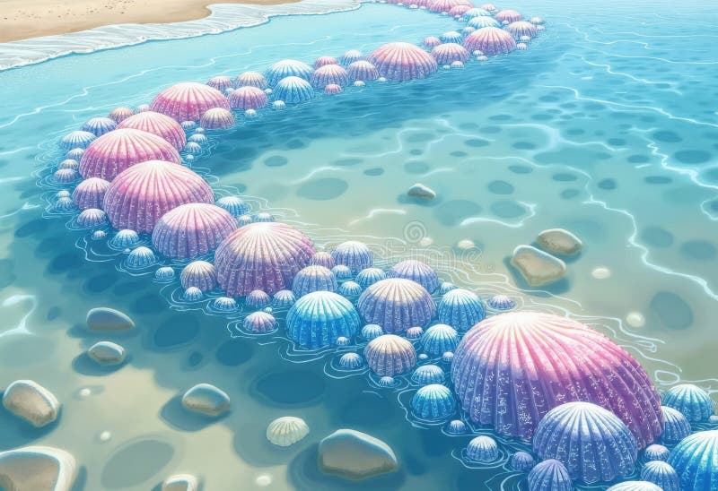 Crystal Seashell Path Winding through Shallow Water, Creating a Serene ...