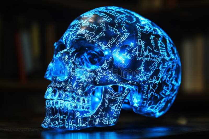 Crystal Skull Illuminated with Blue Light and Covered with Mathematical ...