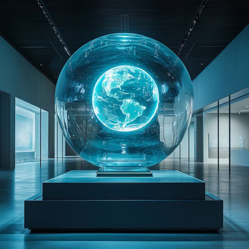 Crystal Sphere Displaying Earth in a Modern Art Gallery, Illuminated ...