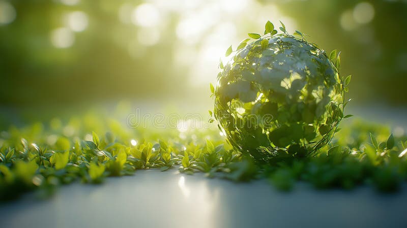 Crystal Sphere Enveloped by Lush Green Leaves, Resting on a Bed of ...
