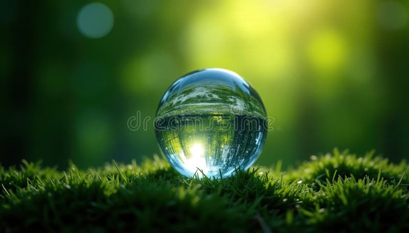Crystal Sphere Reflecting Vibrant Greenery in a Sunlit Forest Stock ...