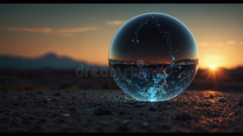 Crystal Sphere with Water Splash Reflecting Sunset in a Tranquil Desert ...