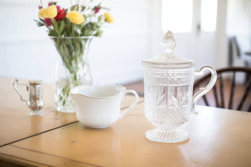 Crystal Sugar Bowl and Milk Pitcher on a High Tea Table Stock Photo ...