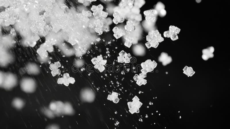 Crystal Sugar Grains Falling Against Black Background Stock ...