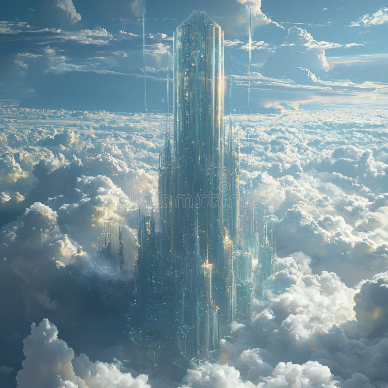 Crystal Towering Structure Above a Futuristic Cityscape Stock ...
