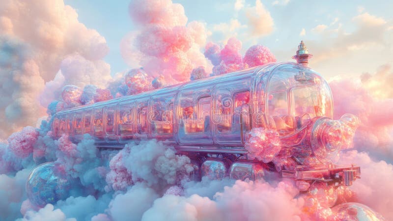 Crystal Train Soaring through Pastel Clouds Stock Illustration ...